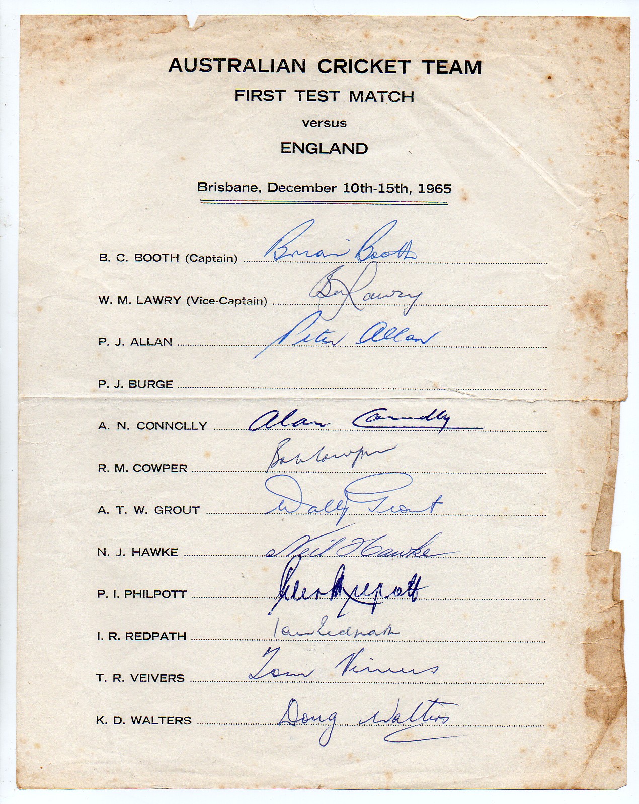 [Sheet of autographs of the Queensland team]