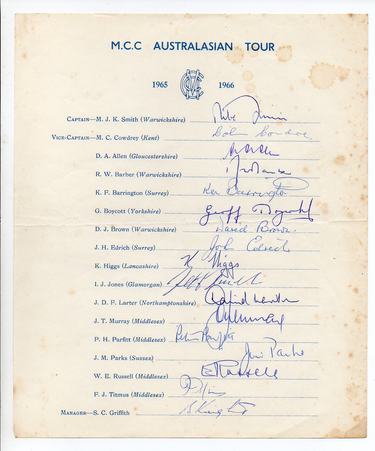 [Sheet of autographs of the Queensland team]