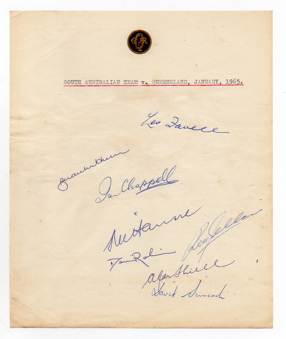 [Sheet of autographs of the Queensland team]